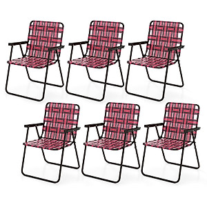 LDAILY Moccha Folding Chair Set of 6, Patio Lawn Chairs with Armrest, Sturdy Steel Frame, 6 Pack Portable Outdoor Chair, Webbed Lawn Beach Chair for Camping, Fishing, Patio, Garden, Bay, Yard, Red