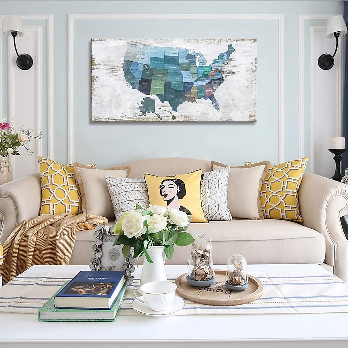 Map of The United States Wall Decor Map Canvas Wall Art for Wall Decoration Wood Background USA Canvas Prints for Bedroom Office Kitchen Home Wall Decor Framed Artwork Ready to Hang20 x40