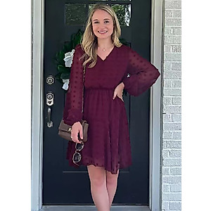 KIRUNDO Womens Spring Dresses 2024 Fashion Casual Long Lantern Sleeve V Neck Cute Swiss Dot Mini Wedding Guest Dress(Style2-Wine Red, X-Large)