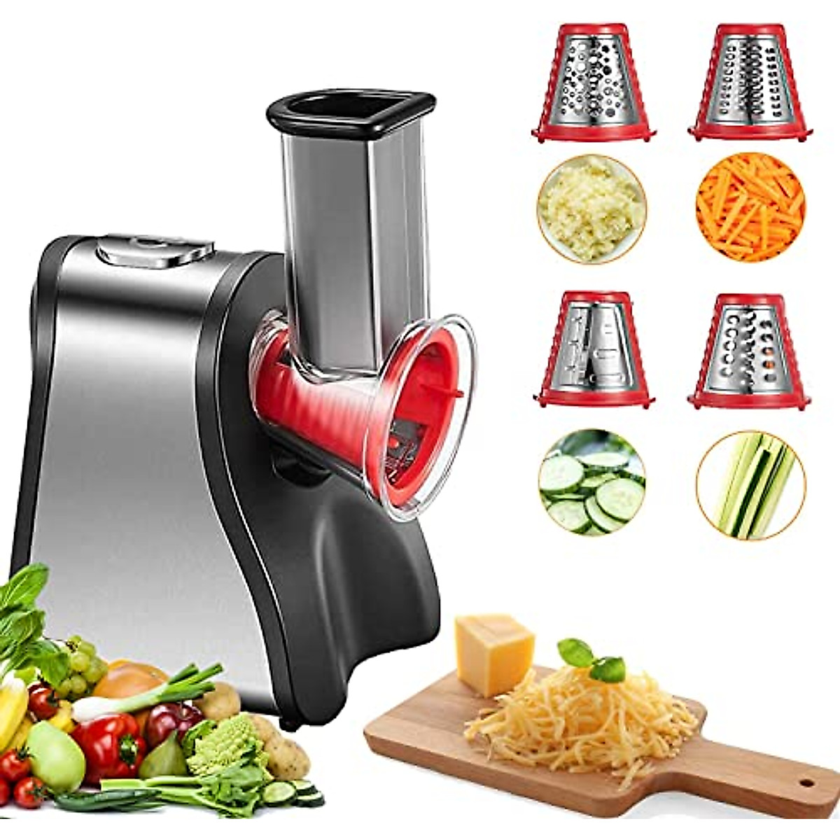 FOHERE Electric Cheese Grater Shredder, Electric Salad Maker for Home Kitchen Use, One-Touch Easy Control, Electric Grater for Vegetables, Cheeses and Nuts, BPA-Free, Red
