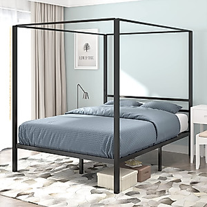 YITAHOME Canopy Bed Frame Metal Four Posters 14 Inch Platform with Built-in Headboard Strong Metal Slat Mattress Support, No Box Spring Needed, Black, Queen Size