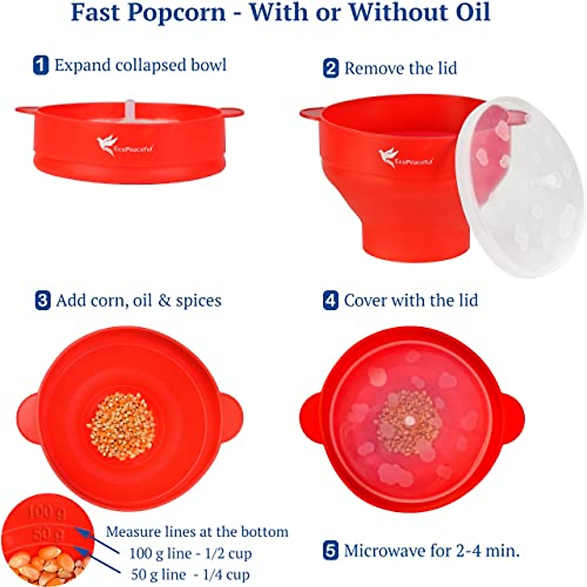 EcoPeaceful Silicone Microwave Popcorn Popper Collapsible Bowl - 100% Pure Silicone - LFGB Food Grade - No Fillers, BPA-free, Vegan, Reusable, Plastic-free, Eco-Friendly