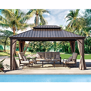 Iwicker 12' x 16' Hardtop Permanent Aluminum Gazebo with Mosquito Netting and Polyester Curtain