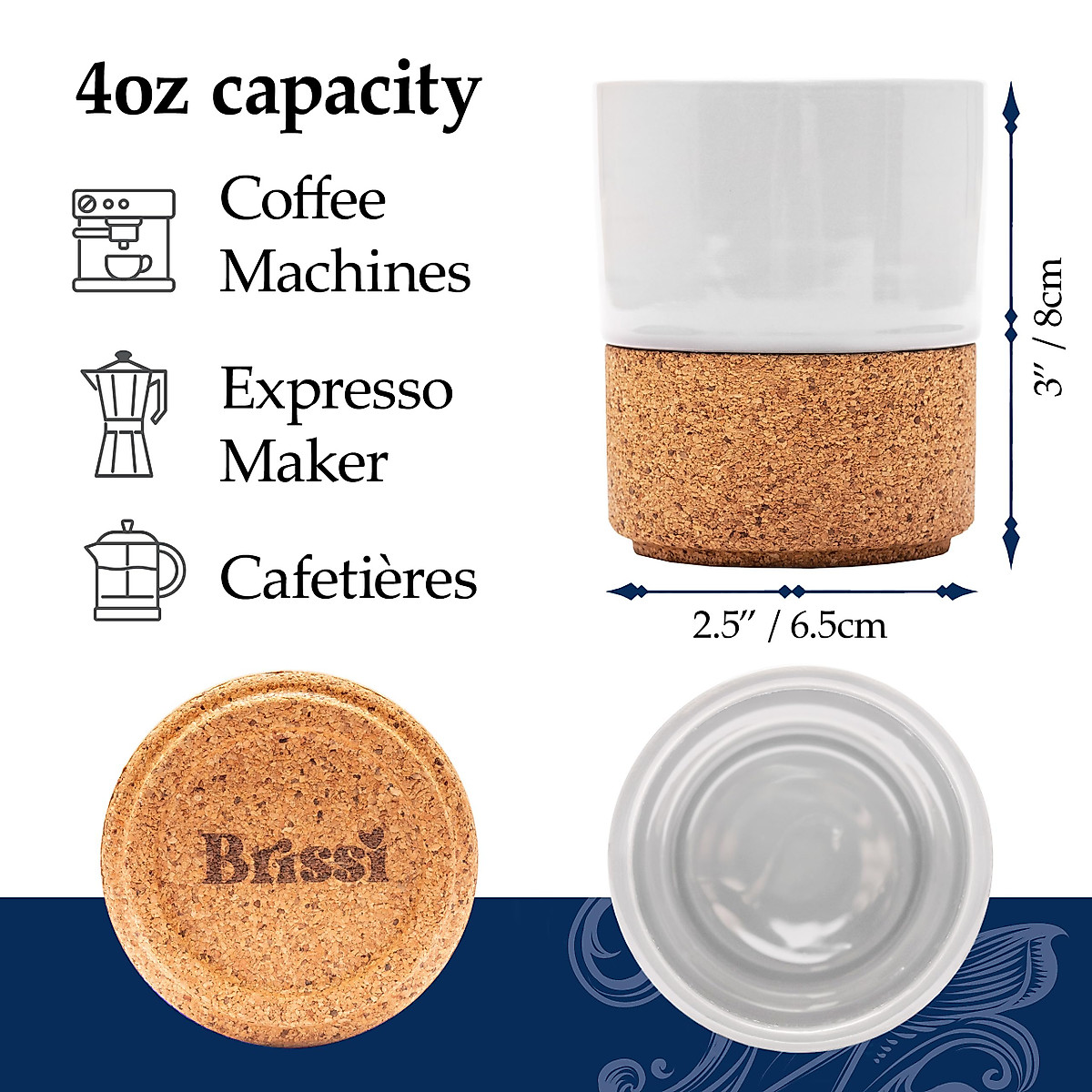 White Double Espresso Cups Set of 4 - Removable Cork Insulating Base Ceramic Coffee Cup Mug 4oz with Removable Cork Sleeve - Stackable - Handleless