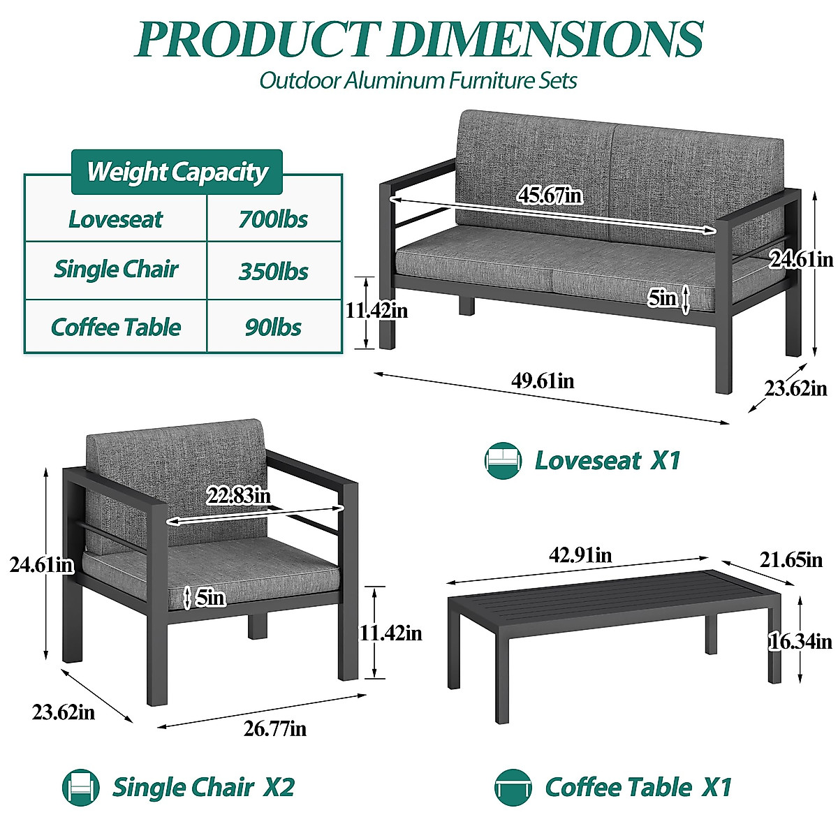 GARTOO Outdoor Aluminum Furniture Set - 4 Pieces Modern Patio Conversation Sofa Sets with Upgraded Removable Cushion, Outside Sectional Sofas Sets with Coffee Table for Balcony, Backyard, Poolside
