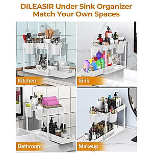 DILEASIR Under Sink Organizers and Storage Bathroom 2Pack, 2 Tier Kicthen Cabinet Basket Organizer, with Hooks, Hanging Cup, Dividers, Handles, Multi-purpose Under Sink Shelf Organizer, White