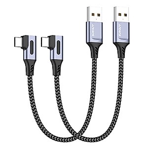 SUNGUY 2-Pack 1FT Right Angle USB A to USB C Charger Cable, Braided 3A Fast Charging & Data Sync 90 Degree USB 2.0 Type C Cable Compatible with Galaxy S20 S10 S9 Plus and More