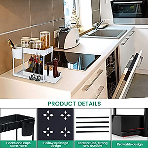 Qucover 2 Tier Under Sink Organizer, 2 Pack Bathroom Cabinet Organizers and Storage Sliding, Waterproof Kitchen Sink Organizer Under Cabinet Storage with Hooks, Hanging Cup, Black & White