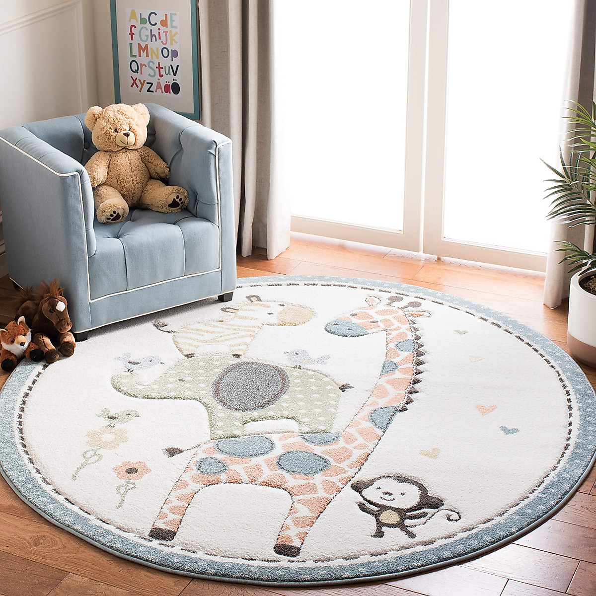 SAFAVIEH Carousel Kids Collection 3' Round Ivory CRK120A Animal Non-Shedding Nursery Playroom Area Rug