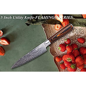 Kitory Kitchen Utility Knife 5 Inch Damascus Pattern Small Chef Knife with Sheath, German High Carbon Stainless Steel, Ergonomic Pakkawood Handle, Sharp Cooking Knife for Home&Restaurant