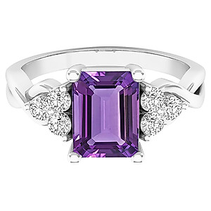 Dazzlingrock Collection 8x6mm Emerald Cut Amethyst & Round White Diamond Twisted Engagement Ring for Women in 925 Sterling Silver, Size 7.5
