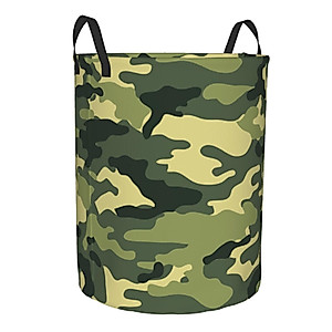 Gbuzozie Camouflage Print Round Laundry Hamper Green Camo Storage Basket Toys Clothes Organizer Bin For Home Bathroom Bedroom Dorm Nursery, 38l