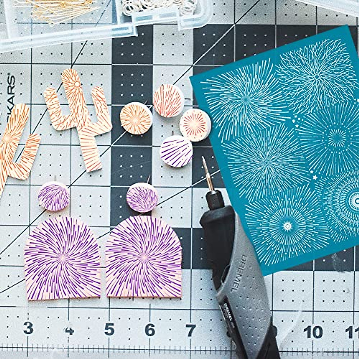 OLYCRAFT 4x5 Inch Clay Stencils Firework Pattern Silk Screen for Polymer Clay Firework Silk Screen Stencils Mesh Transfer Stencils Mesh Stencil for Polymer Clay Jewelry Making