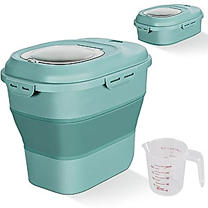 Cereal Rice Food Storage Containers, Collapsible 20 to 50 Lbs Dispenser Bin with Rolling Wheel Airtight Locking Lid, Dog Pet Cat Flour Sugar Plastic Leakproof Sealable Large Kitchen Pantry Holder