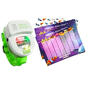 Potty Time: Purple Watch & Sticker Set | Water Resistant, Toilet Training Aid, Warranty Included. (Automatic Timers Plays Music & Flashing Lights for Fun Reminders), Green + Space Sticker Chart Kit