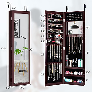 COSTWAY Full Length Mirror Jewelry Cabinet, Wall Door Mounted Jewelry Organizer with Makeup Mirror, Ring Slots and Necklace Hooks, Large Storage Jewelry Armoire for Bedroom, Dressing Room (Brown)