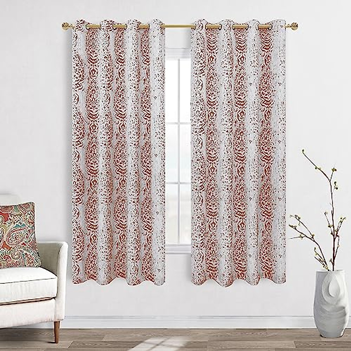 Mrs.Naturall Rusty Orange Curtains 63 Inch Length for Bedroom 2 Panels Grommet Burnt Orange Medallion Patterned Damask Moroccan Design Semi Sheer Drapes for Living Room,Terracotta and Gray Cream