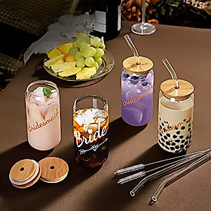 MGupzao Personalized Bridesmaid Glass Tumbler Set with Straw Bride to be 16 oz Can Shaped Coffee Cup Bachelorette Party Tumblers Bamboo Lid Iced Coffee Cup (6Pcs)