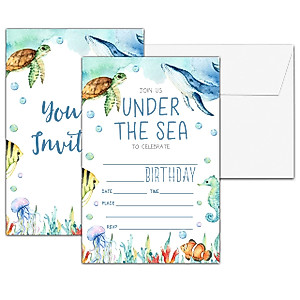Chuxvon Birthday Party Invitations, Under The Sea Birthday Invitations, Double-Sided Watercolor Ocean Animals Themed Fill In Invites, Ocean Birthday Party Decorations, 20 Cards With 20 Envelopes(B06)