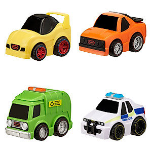 Little Tikes My First Cars Crazy Fast Cars 4-Pack Series 5 – Garbage Truck (Recycle), Race Car (Yellow), Muscle Car (Orange), Police Car (International), Pullback Toy Car Vehicles