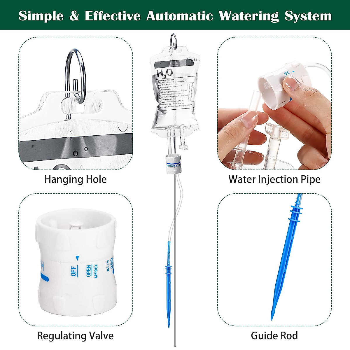 2 Set Plant Water Bag Automatic Plant Watering System 350ml Irrigation Drip Bag with Metal Support Rod and Regulating Valve Self Watering Devices for Indoor Outdoor Plants Flowers