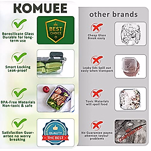 KOMUEE 12 Packs Glass Meal Prep Containers Set, Glass Food Storage Containers with Locking Lids, Airtight Glass Lunch Containers, BPA Free, Microwave, Oven, Freezer & Dishwasher Friendly，Gray