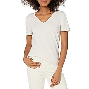 Amazon Essentials Women's Classic-Fit Short-Sleeve V-Neck T-Shirt, Pack of 2, Olive/Oatmeal Heather, Large