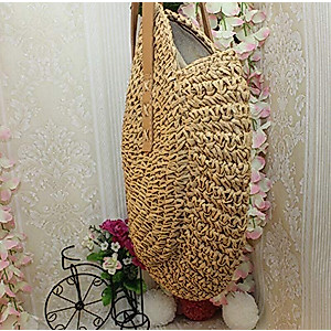 YXQSED Round Woven Bag - Summer Beach Bags Straw Handwoven Singleshoulder with Leather Handles，Zipper（Khaki） L