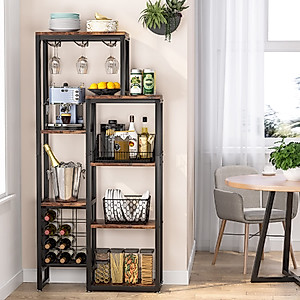 Tribesigns Wine Rack Freestanding Floor, 5-Tier Wine Baker Rack with Glass Holder & Wine Storage, Industrial Wine Display Shelf Wine Bar Cabinet for Bar, Kitchen, Dining Room, Rustic Brown