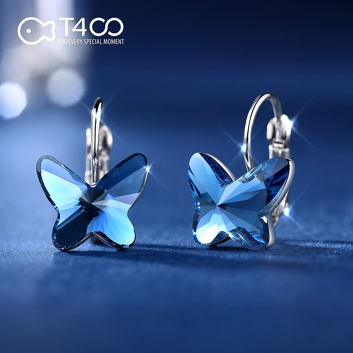 T400 Blue Purple Pink Crystal Butterfly Lever Back Earrings Birthday Gift for Women Teen Girls