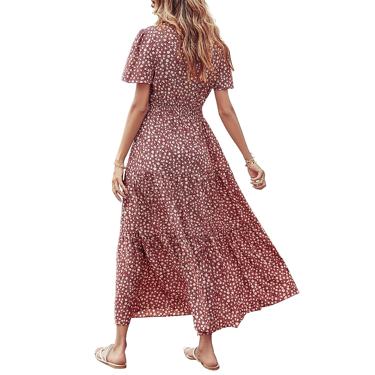 PRETTYGARDEN Women's Summer Casual Short Flutter Sleeve Round Neck Smocked Waist Tiered Boho Floral Flowy Maxi Dress(Floral Red Brown,X-Large)