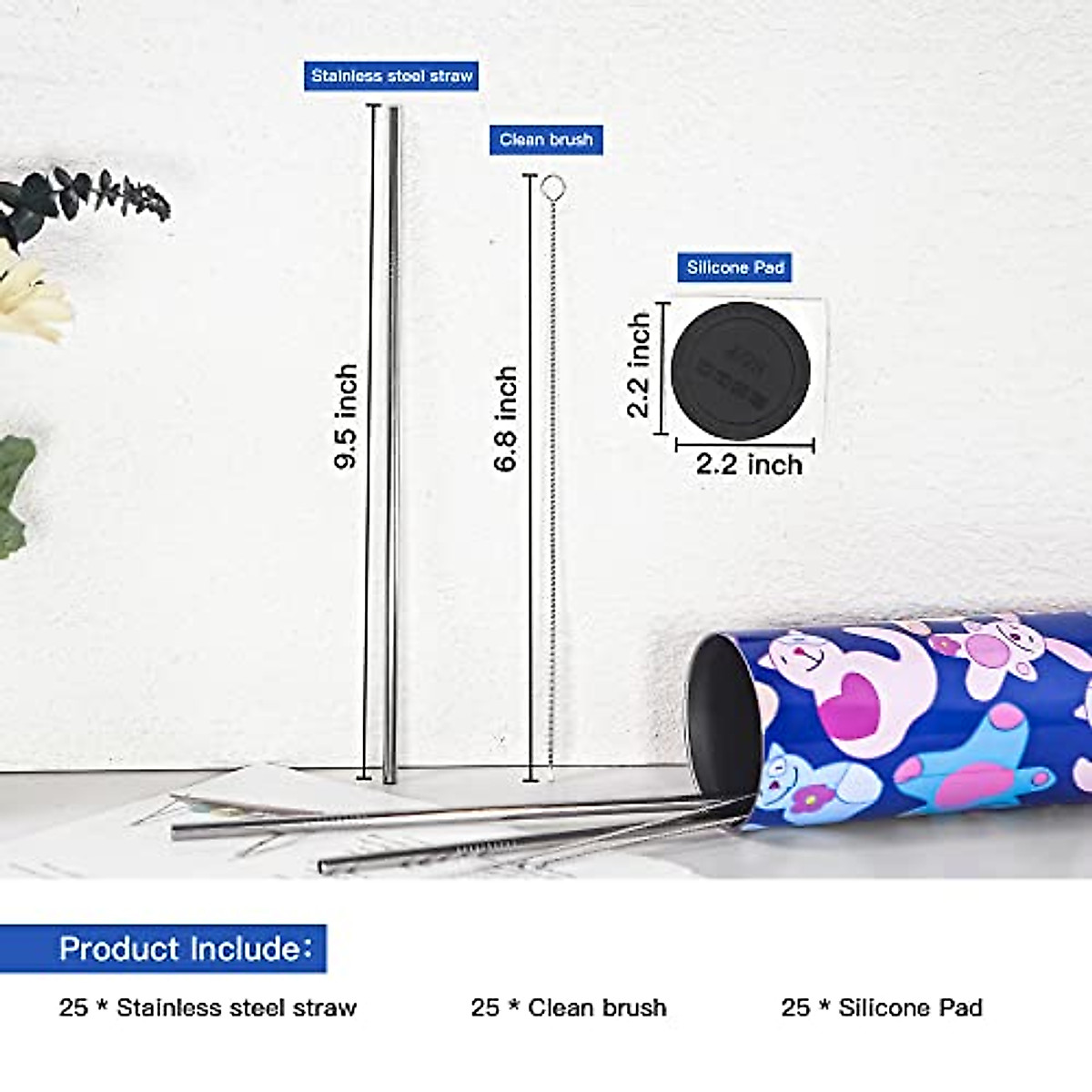 AGH 25-Pack Reusable Stainless Steel Metal Straws & Rubber Bottoms for Sublimation Tumblers 20 oz with 25-Pack Stainless Steel Metal Straws, 25-Pack Straw Cleaner Brush and 25-Pack Silicone Bottoms