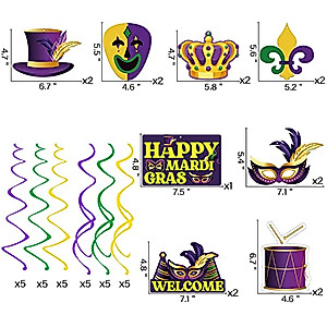 Mardi Gras Decorations, Mardi Gras Decor Ceiling Hanging Swirls, Gold Green Purple Masquerade Masks Crown Mask Foil Hanging Swirls, New Orleans/Birthday/Mardi Gras Theme Party Decor Supplies