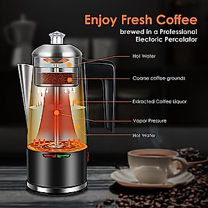 HOMOKUS Electric Coffee Percolator 12 CUPS Percolator Coffee Pot, 800W Percolator Coffee Maker Stainless Steel with Clear Knob Cool-touch Handle, Silver Coffee Pot Percolator Auto Keep Warm Function