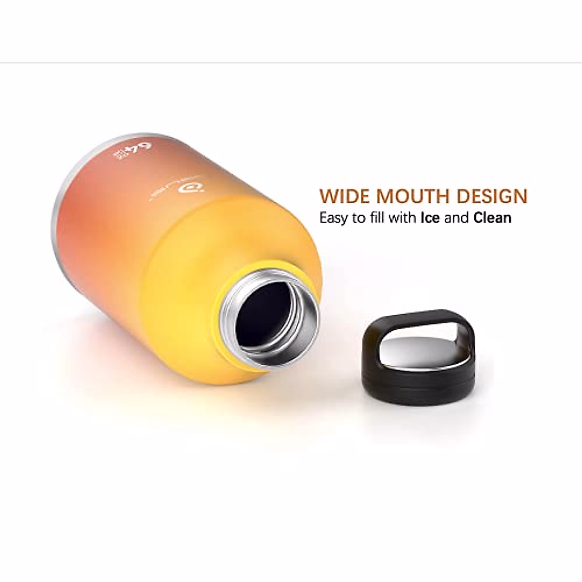 IDEUS Insulated Stainless Steel Water Bottle with 2 Leak-Proof Lids, Thermal Water Flask for Hiking Biking, 64oz, Yellow