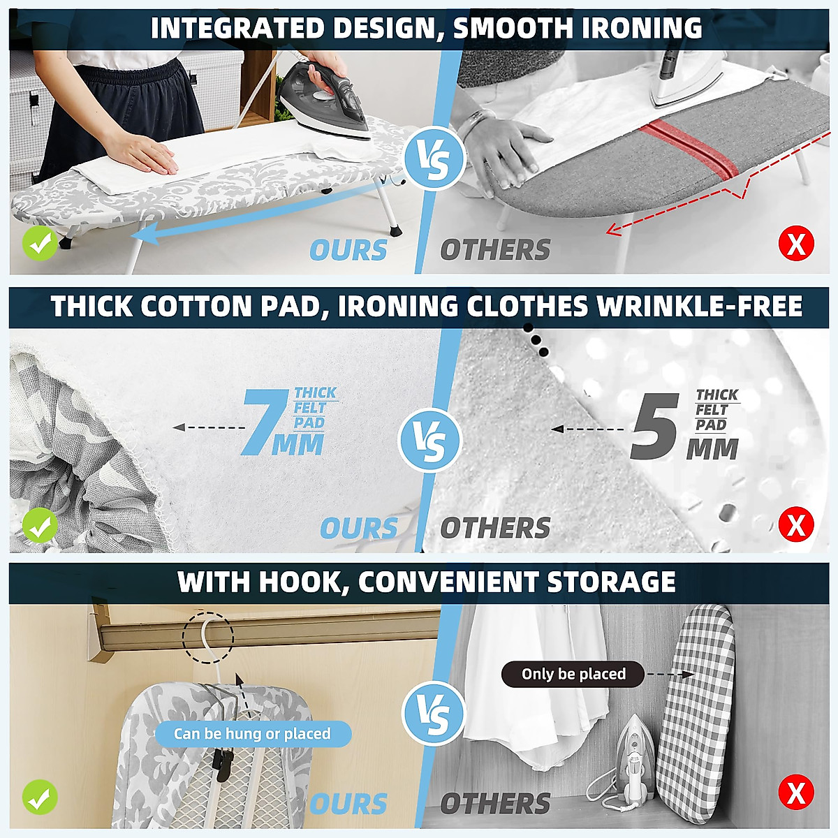 STORAGE MANIAC Tabletop Ironing Broad, All Iron Frame Mini Folding Ironing Broad with 2 Removable Cover, Portable Small Ironing Broad with 7 mm Thick Pad for Laundry Room, Dorms - Silver & Blue Flower