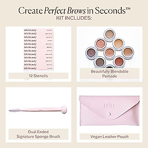 Trio Beauty Original Brow Stencil Kit with 12 Stencils | Perfect Brows in Seconds | 15-pc Eyebrow Stamp Stencil Kit with Fully Waterproof Eyebrow Pomade and Dual Ended Sponge Brush | Dark Brown
