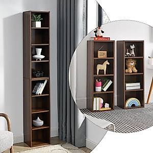 MAKIAAP Dark Brown Tall Narrow Bookshelf,8-Tiers Bookcase with Adjustable Shelves,Double-Decker Combination Thin Media Tower Rack,CD DVD Slim Storage Cabinet for Living Room,Bedroom,Studio and Office