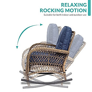 MEETWARM Outdoor Wicker Rocking Chair, Rattan Patio Rocker Chairs with Cushions and Steel Frame - Navy Blue