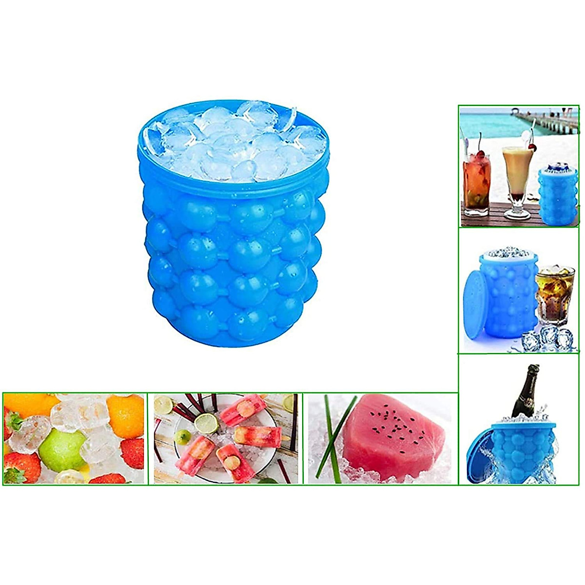 BULUSHI Large 2 in 1 Silicone Ice Bucket & Ice Mold with lid,Silicon Ice Cube Maker Genie, Portable Silicon Ice Cube Maker Blue 13.2X13.2X14CM