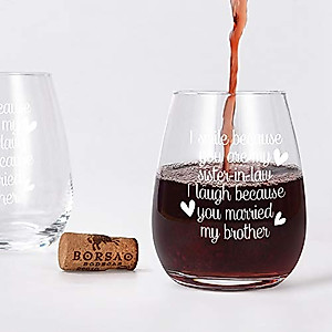 Sister in Law Gifts, Stemless Wine Glass for Sister in Law Sister Women Birthday Bride Bridal Shower Engagement Party Wedding Christmas, Funny Wine Gifts, 15Oz