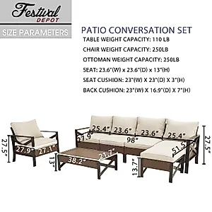 Festival Depot 7 Pieces Patio Conversation Set Outdoor Furniture Sectional Sofa with All-Weather Brown PE Wicker Back Armchair, Coffee Table, Ottoman and Thick Soft Removable Couch Cushions