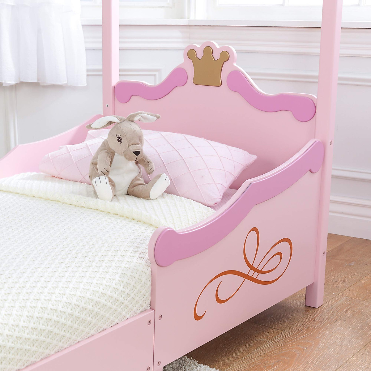 KidKraft Wooden Princess Toddler Four-Poster Bed with Crown Accents, Children's Furniture - Pink, Gift for Ages 15 mo+