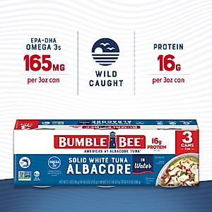 Bumble Bee Solid White Albacore Tuna in Water, 3 oz Can (8 Packs of 3, 24 Cans Total) - Wild Caught Tuna - 16g Protein per Serving, High in Omega-3s - Non-GMO Project Verified, Gluten Free, Kosher
