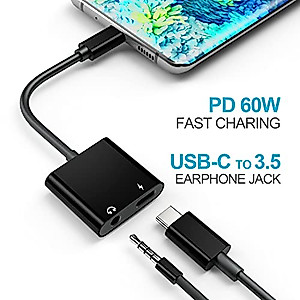 Ronsive 2 in 1 USB Type C to 3.5mm Audio Earphone Aux Splitter, PD 60W Fast Charging, Compatible with iPad Pro 2021 2020, iPad Air4 mini6 Samsung Note20 / Galaxy S22/S21, Google Pixel 6/5/4/3