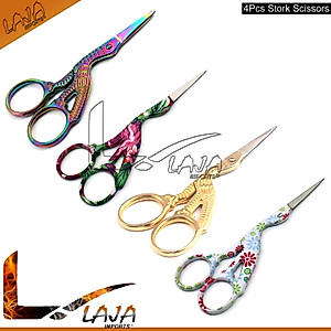LAJA Imports 4 Pairs 3.6" Stainless Steel Sharp Tip Stork Scissors Crane Design Sewing Scissors DIY Tools Dressmaker Shears Scissors for Embroidery Craft Needle Work Art Work & Everyday Use (Style 3)
