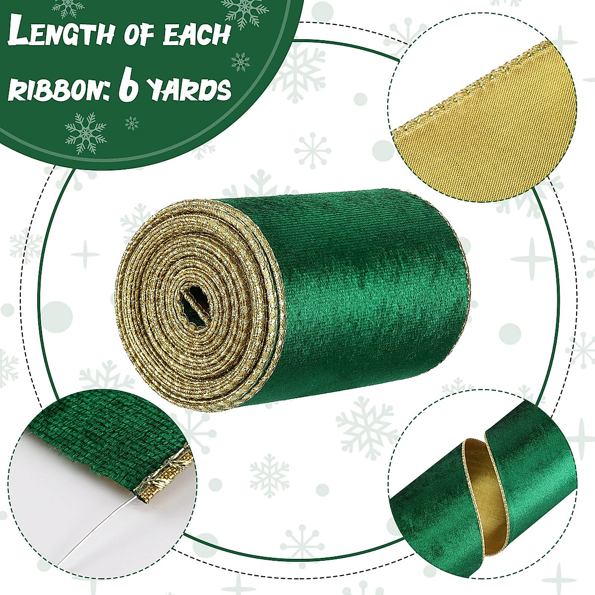 WILLBOND 2 Rolls Christmas Red Velvet Ribbon Wired Edge Trim Wrapping Fabric Christmas Ribbon for Gift Wrapping Bow Wedding Decoration Craft(4 Inch x 6 Yards,Green)