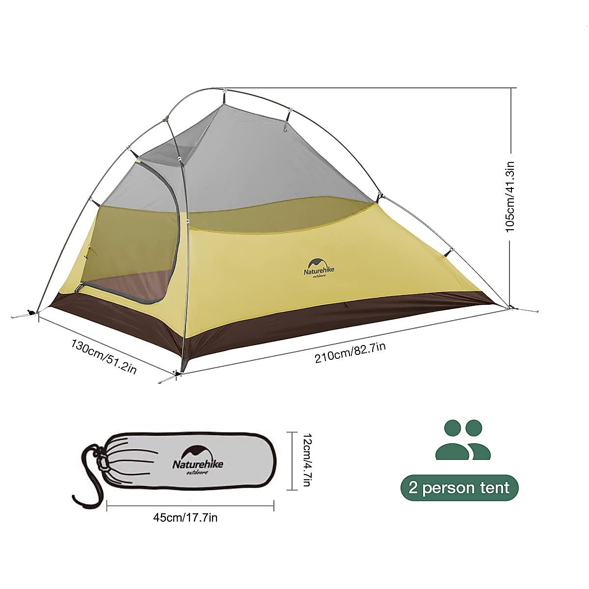 Naturehike Cloud Up Free Standing 2 Person Backpacking Tent Ultralight Nylon Double Layer Camping Tents for Two Person (2 Person, 20D Nylon Forest Green)