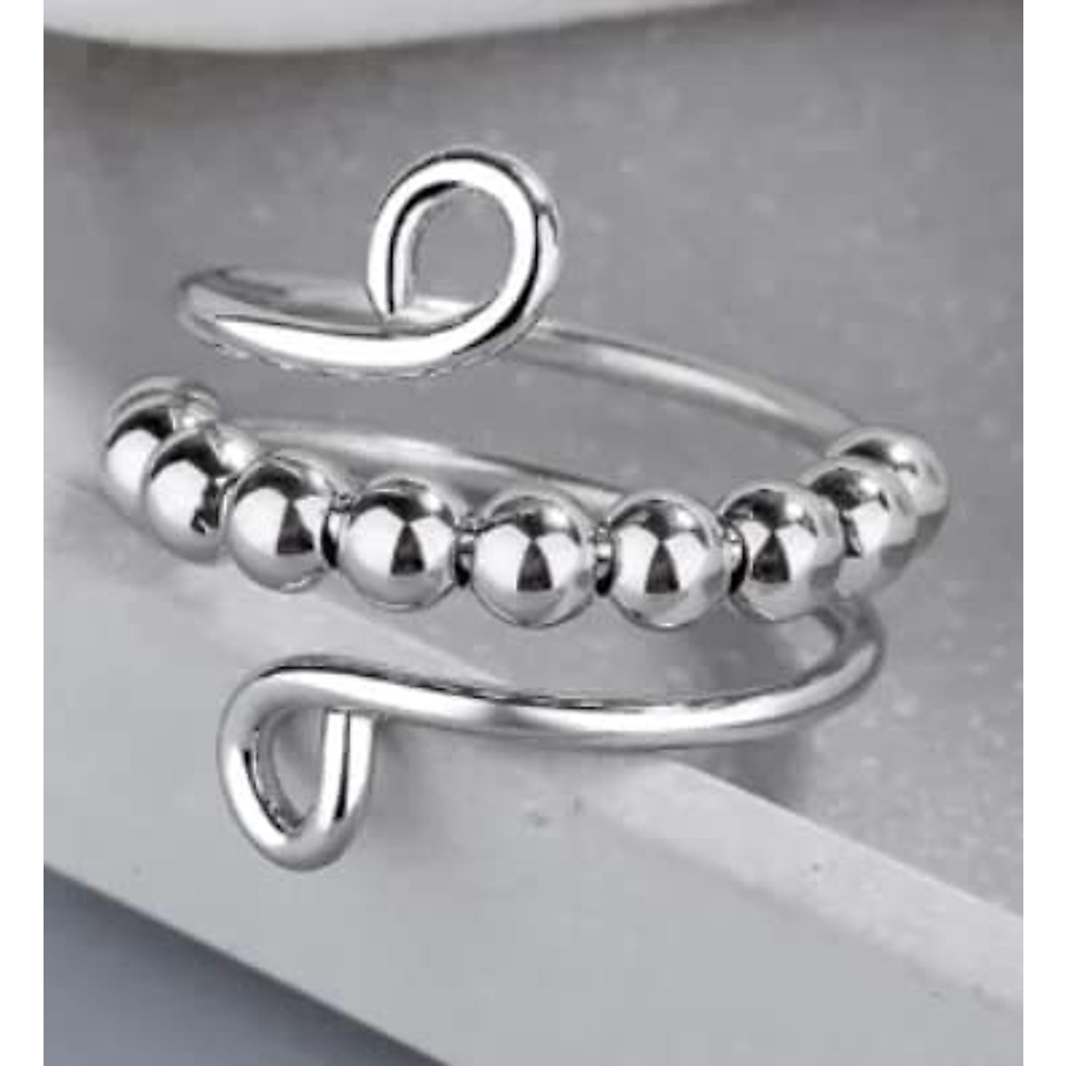 KUYN For Daughter - Drive Away Your Anxiety Circle Beads Fidget Ring And Necklace, S925 Sterling Anxiety Ring Anxiety Necklace for Women, Adjustable Open Ring with Beads Spinner Ring (Silver)