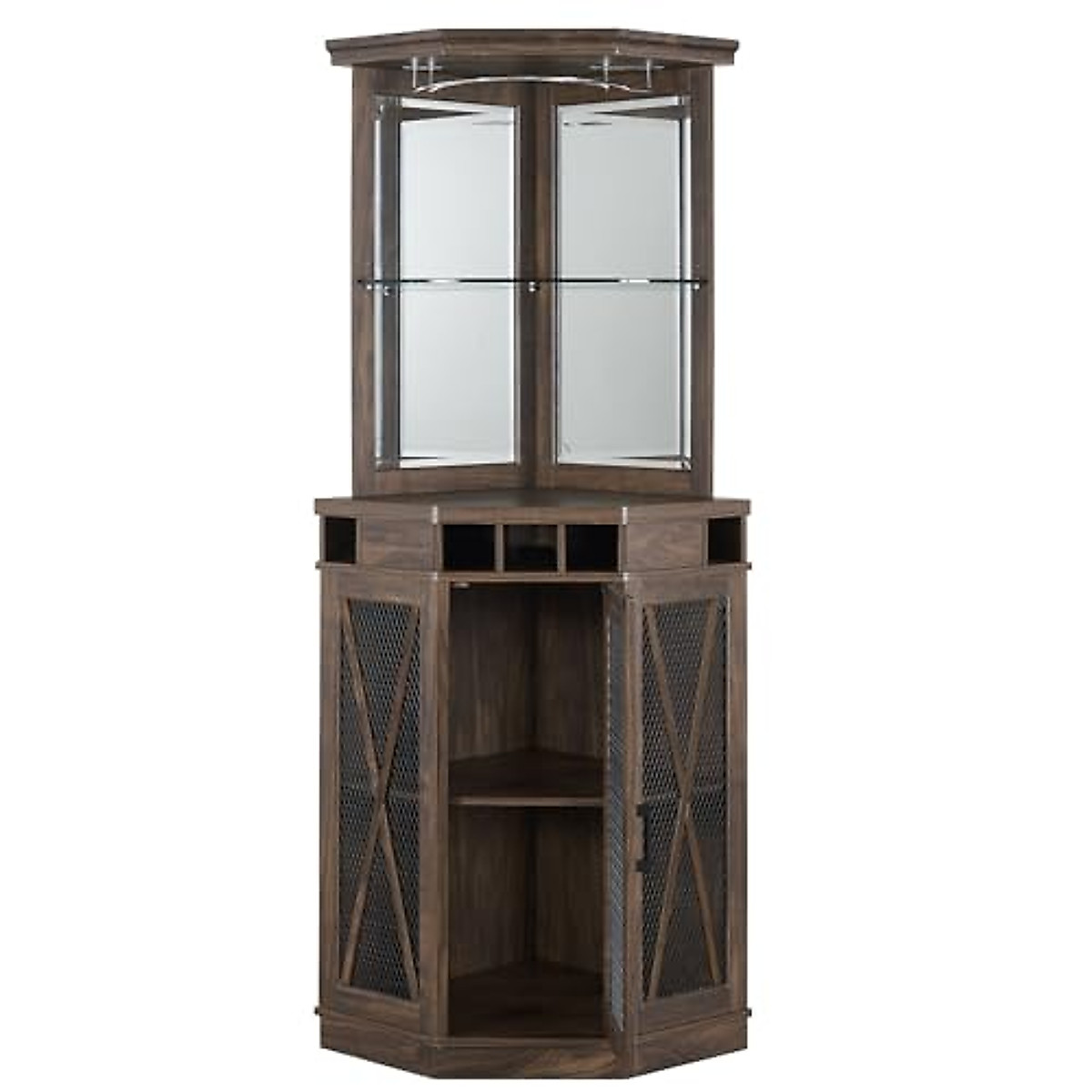 Home Source 73" Tall Corner Bar Unit Reclaimed Barnwood Wine Cabinet with Storage, Lower Mesh Doors, Upper Liquor Shelf galss Holder, for Home Bar, Living Room, Kitchen, Mini Space, Oak
